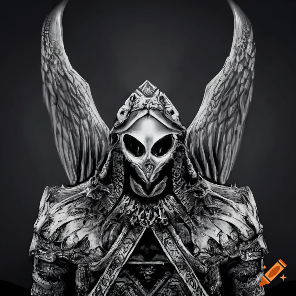 Dark angel with archangel helm and half-heart shaped wings dual ...