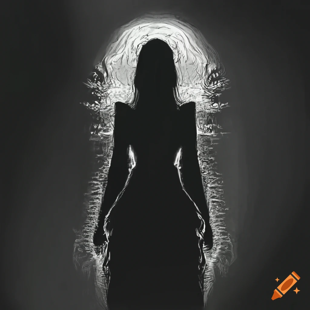 Dark angel in high contrast black and white illustration on Craiyon