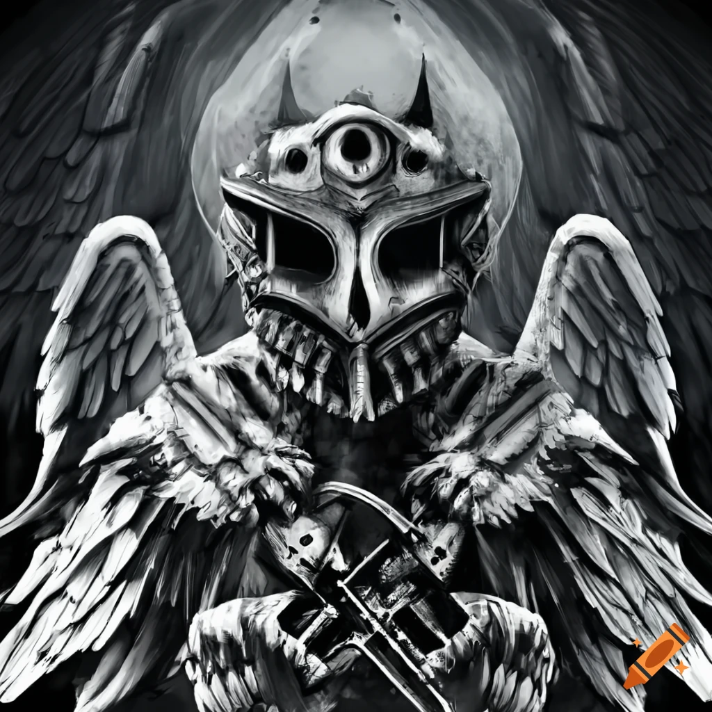 Dark angel in archangel helmet with half-heart shaped wings aiming with ...