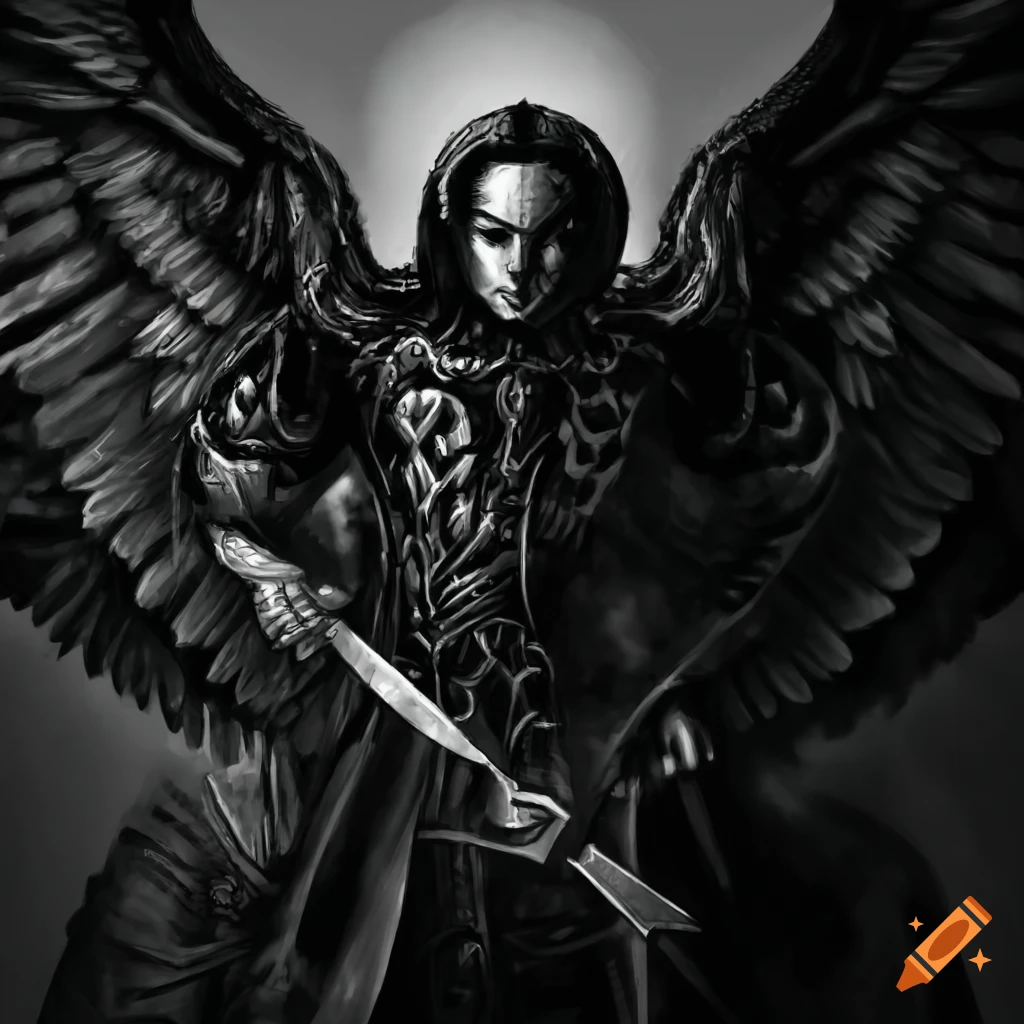 Dark angel in archangel helm with dual greatswords in high contrast ...