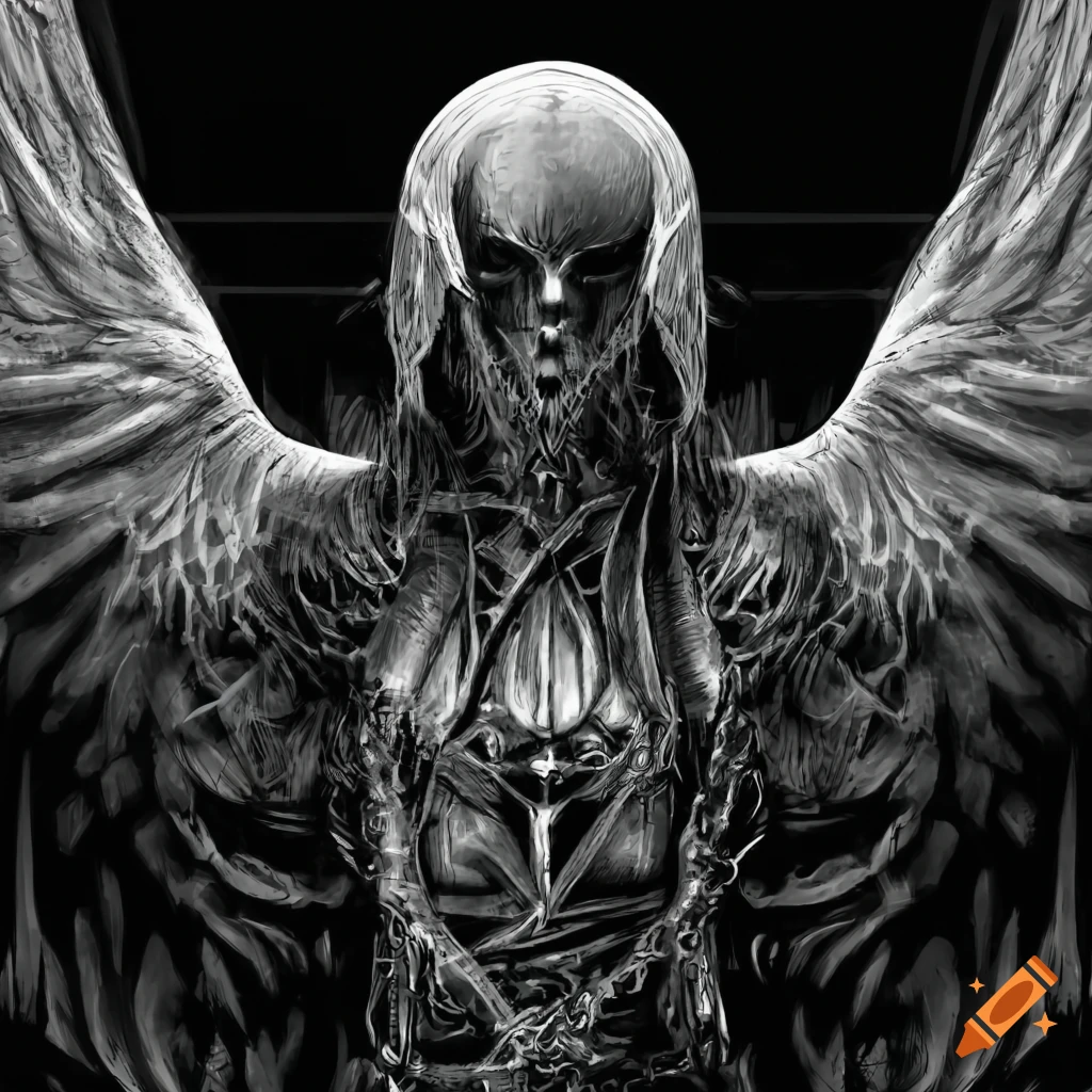 Dark angel with feathery wings and divine daggers in high contrast ...