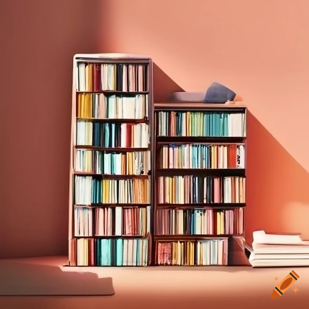 Neat and tidy book case filled with colorful books illuminated by ...