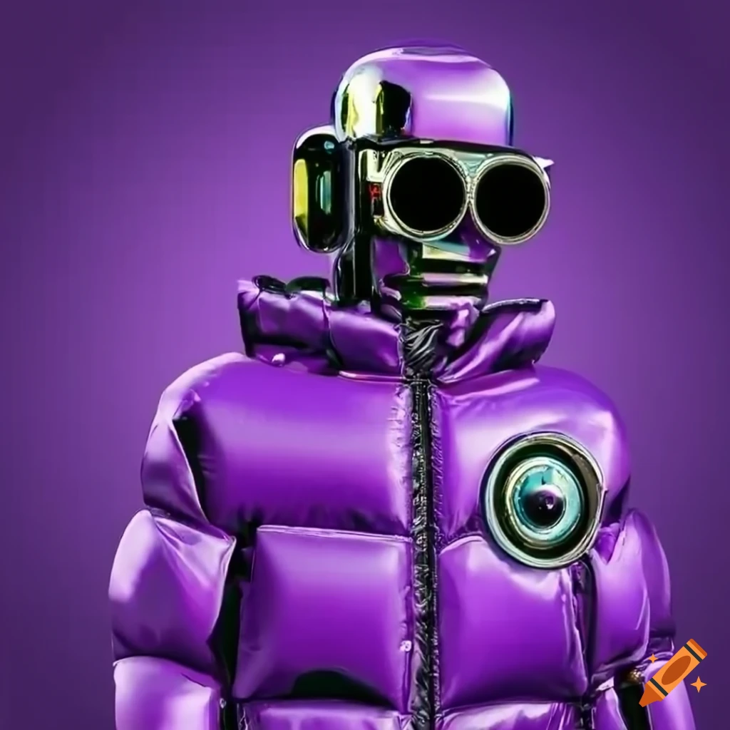 Chrome robot in a purple puffer jacket on Craiyon