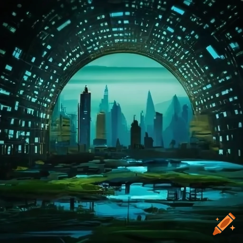 Futuristic cyber city surrounded by grassland on Craiyon