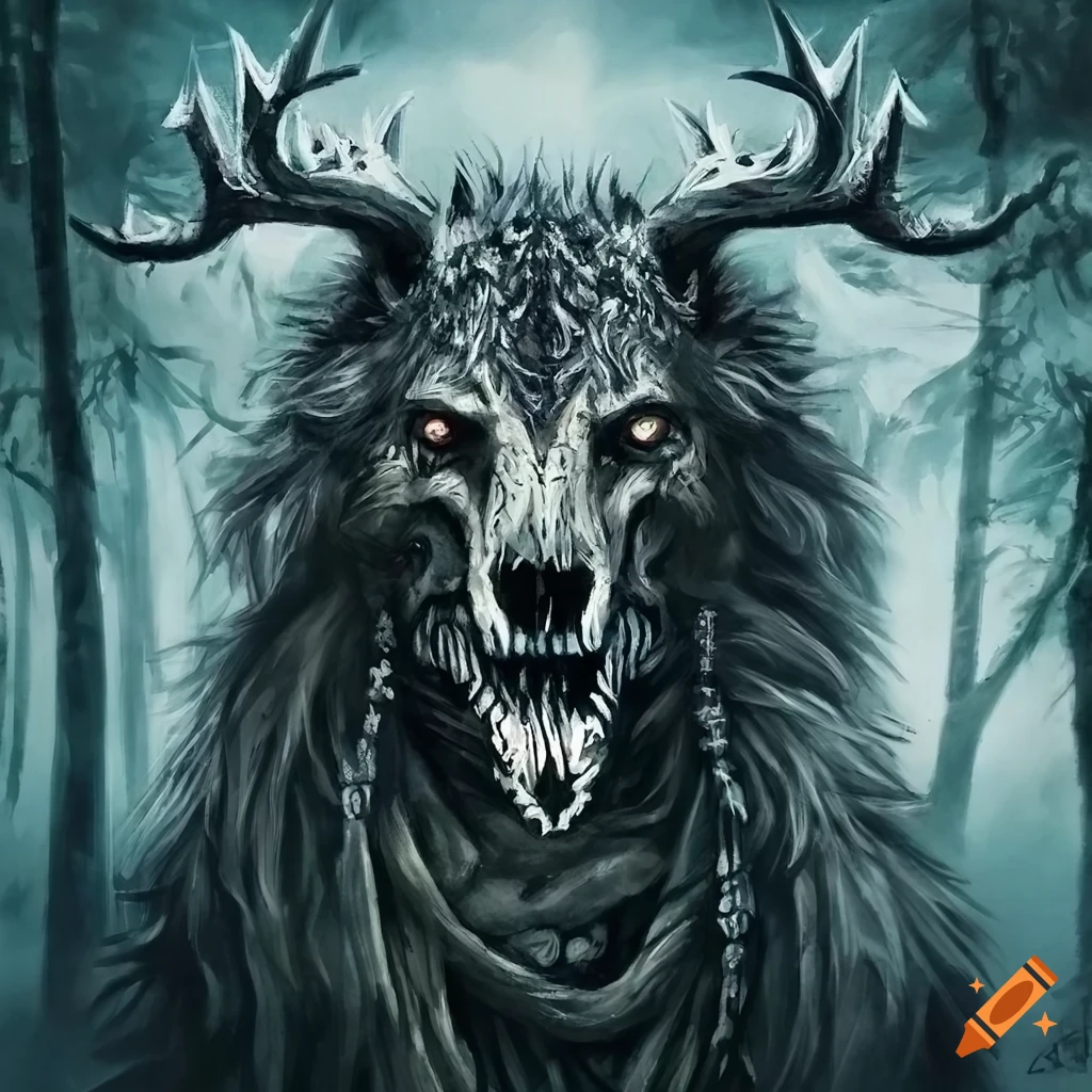 Wolf skull in dark fantasy art with creepy wendigo and celtic druid ...