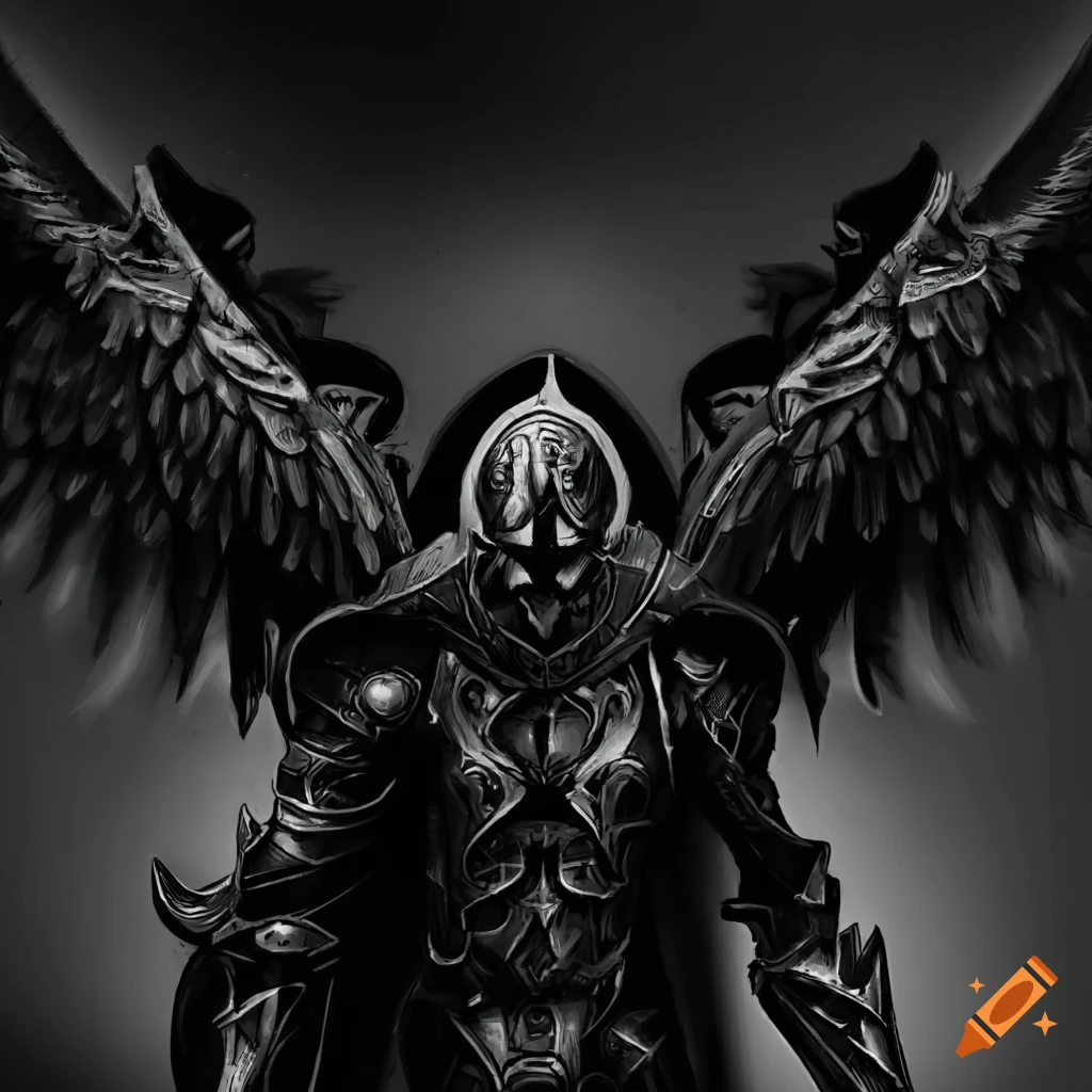 Dark angel in archangel helm with half-heart shaped wings dual wielding ...