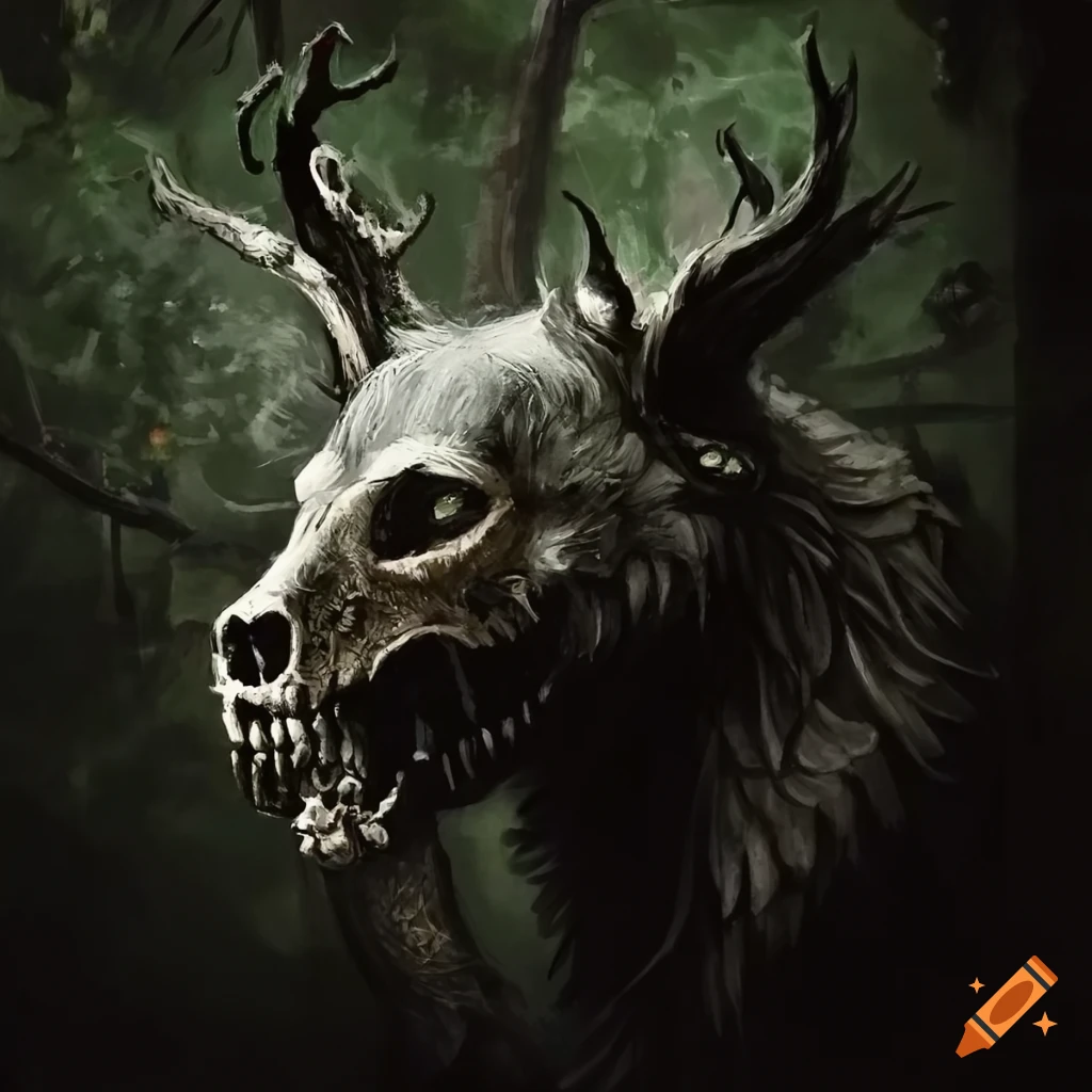 Wolf skull in dark fantasy art featuring creepy wendigo and celtic ...