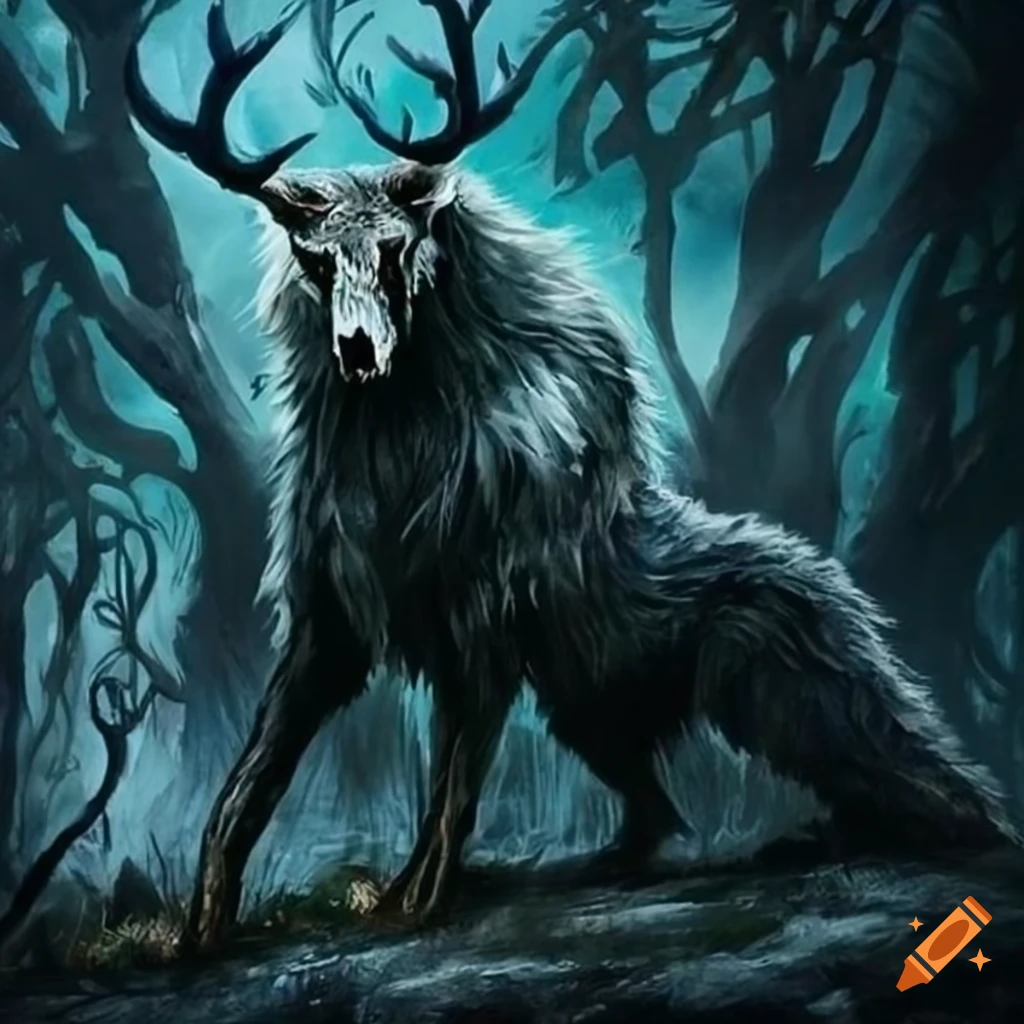 Dark fantasy art of a wolf skull with creepy wendigo and celtic druid ...