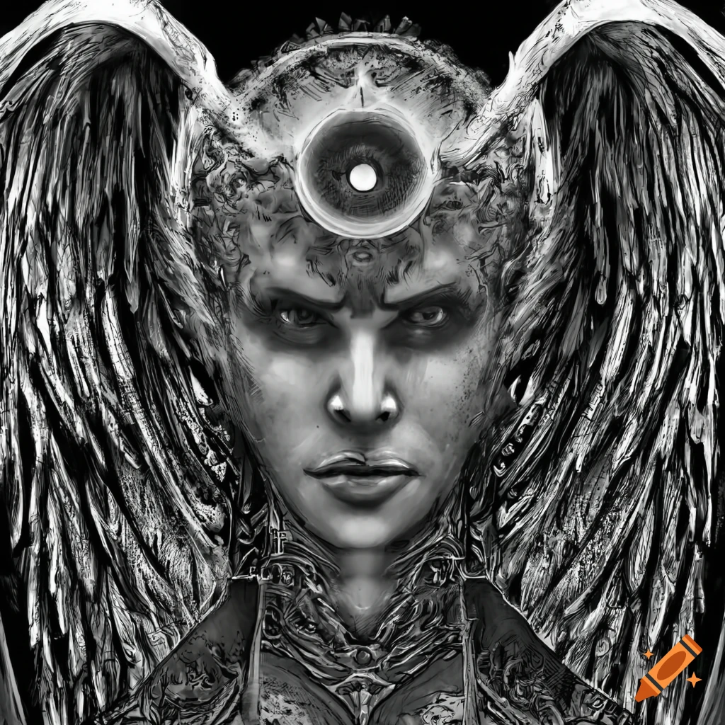 Dark angel in archangel helm with feathery wings and divine daggers in ...