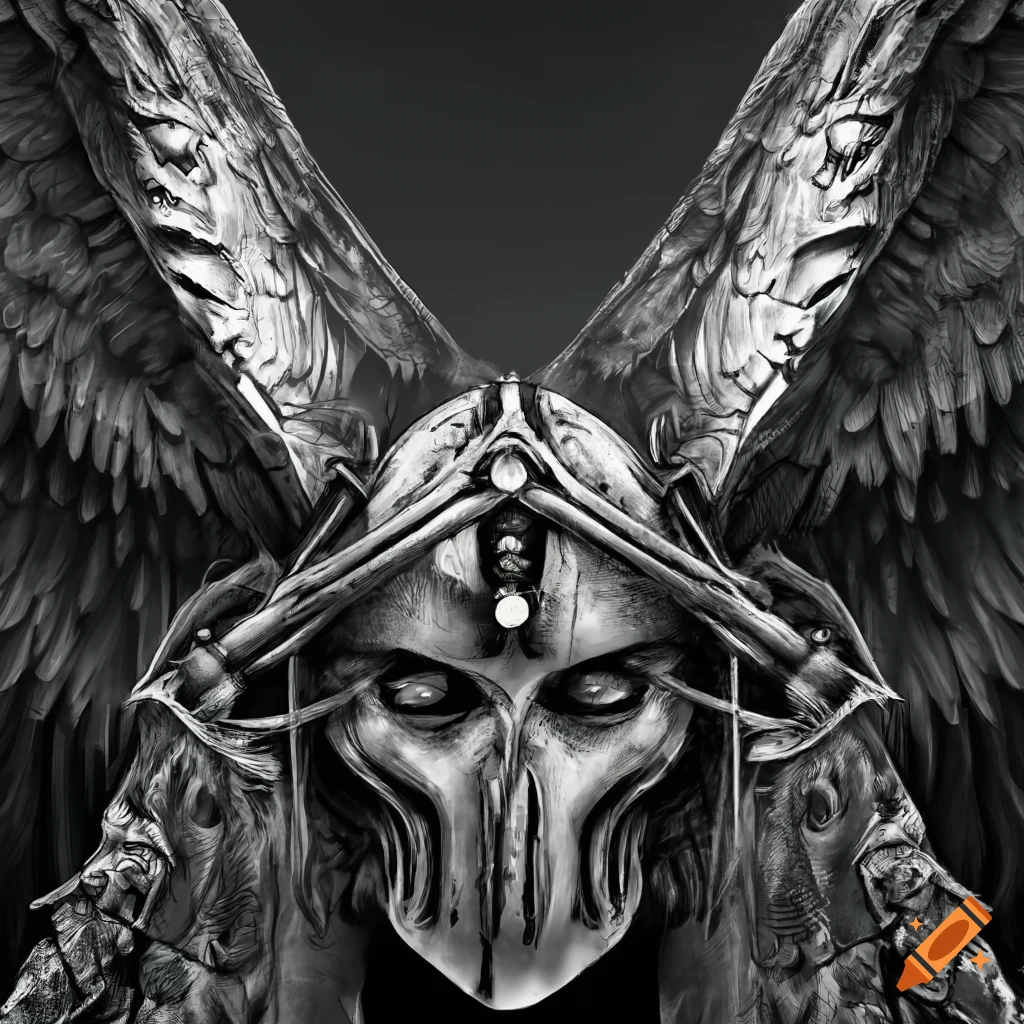 Dark angel with archangel helm and feathery wings in high contrast ...