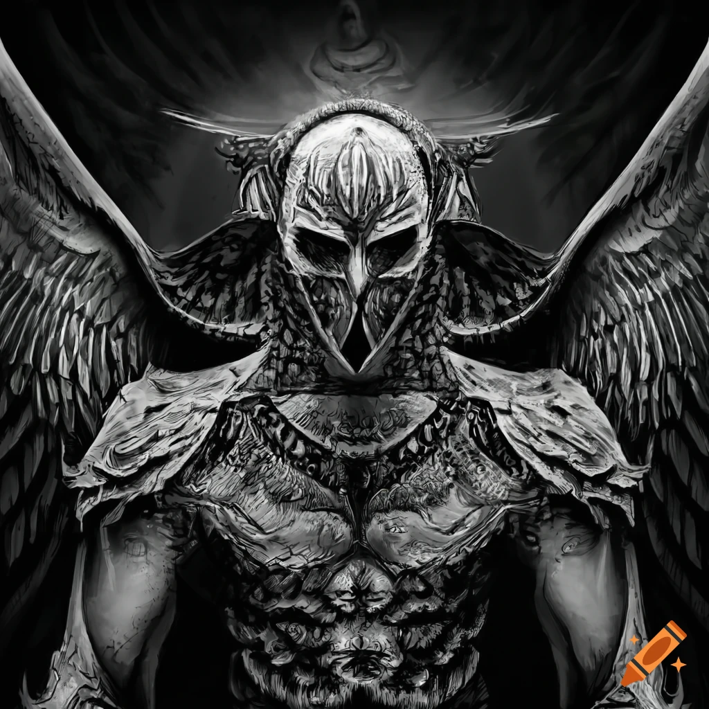Dark Angel with feathery wings and divine daggers in high contrast ...