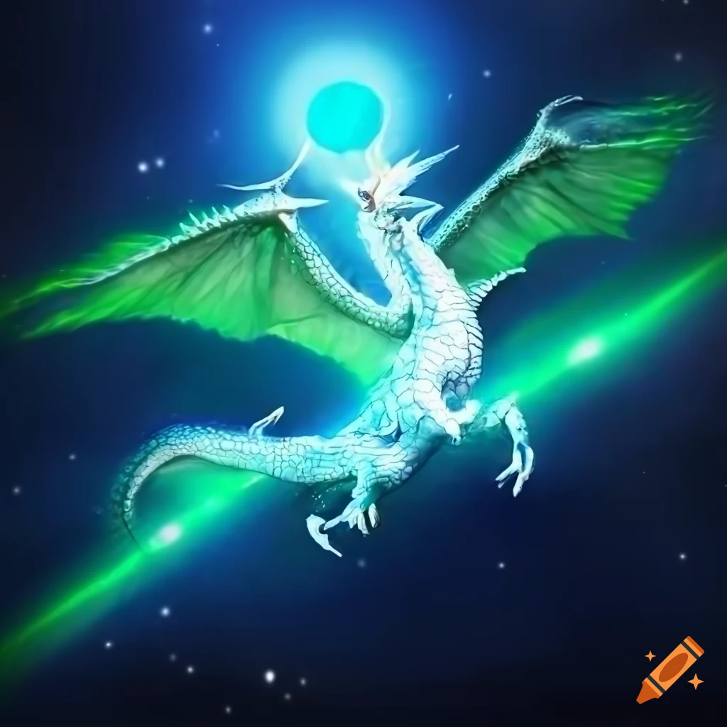 White dragon with green aura soaring through the night sky in high ...