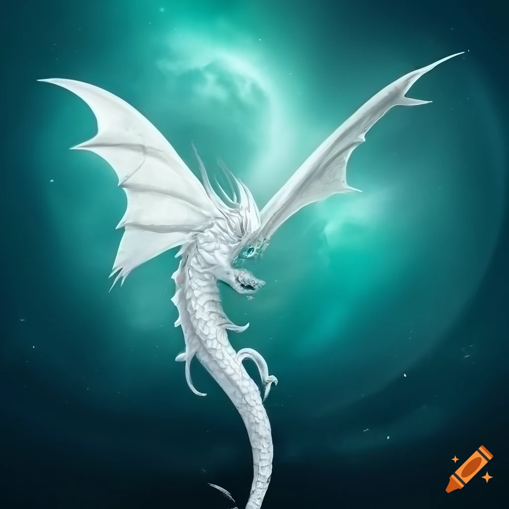 White dragon with green aura soaring through the night sky on Craiyon