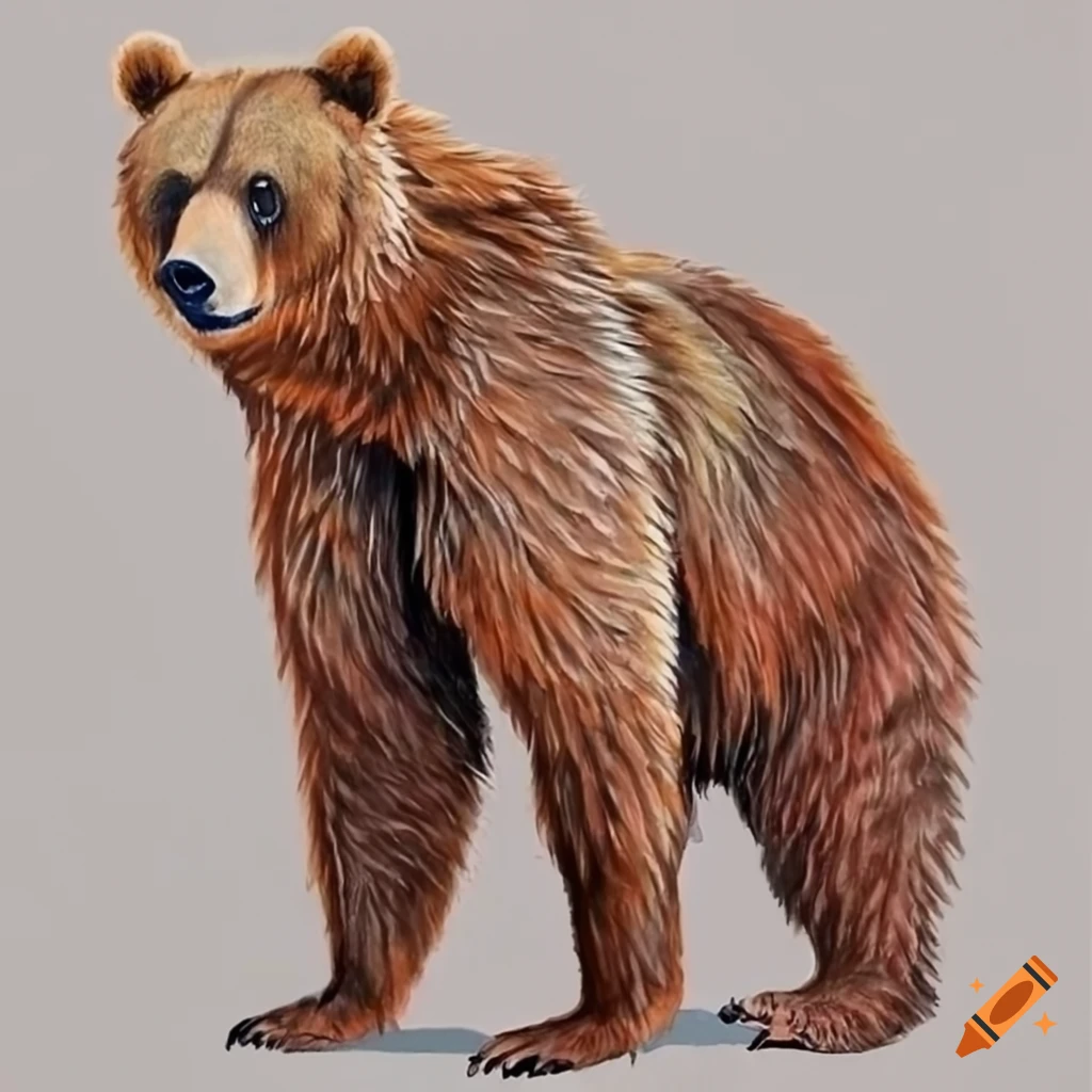 Realistic colored-pencil drawing of a brown bear in soft lighting on ...
