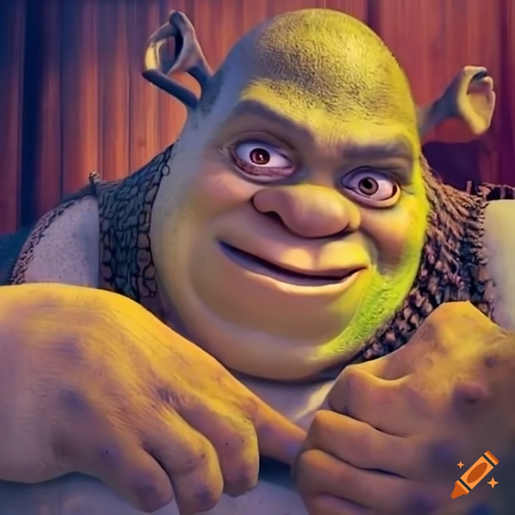 Shrek cooking Gordan Ramsey style with a flaming frying pan on Craiyon