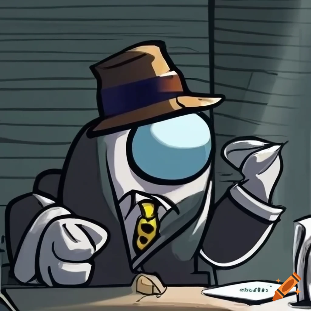 Angry Among Us crewmate in detective hat sitting behind a desk on Craiyon
