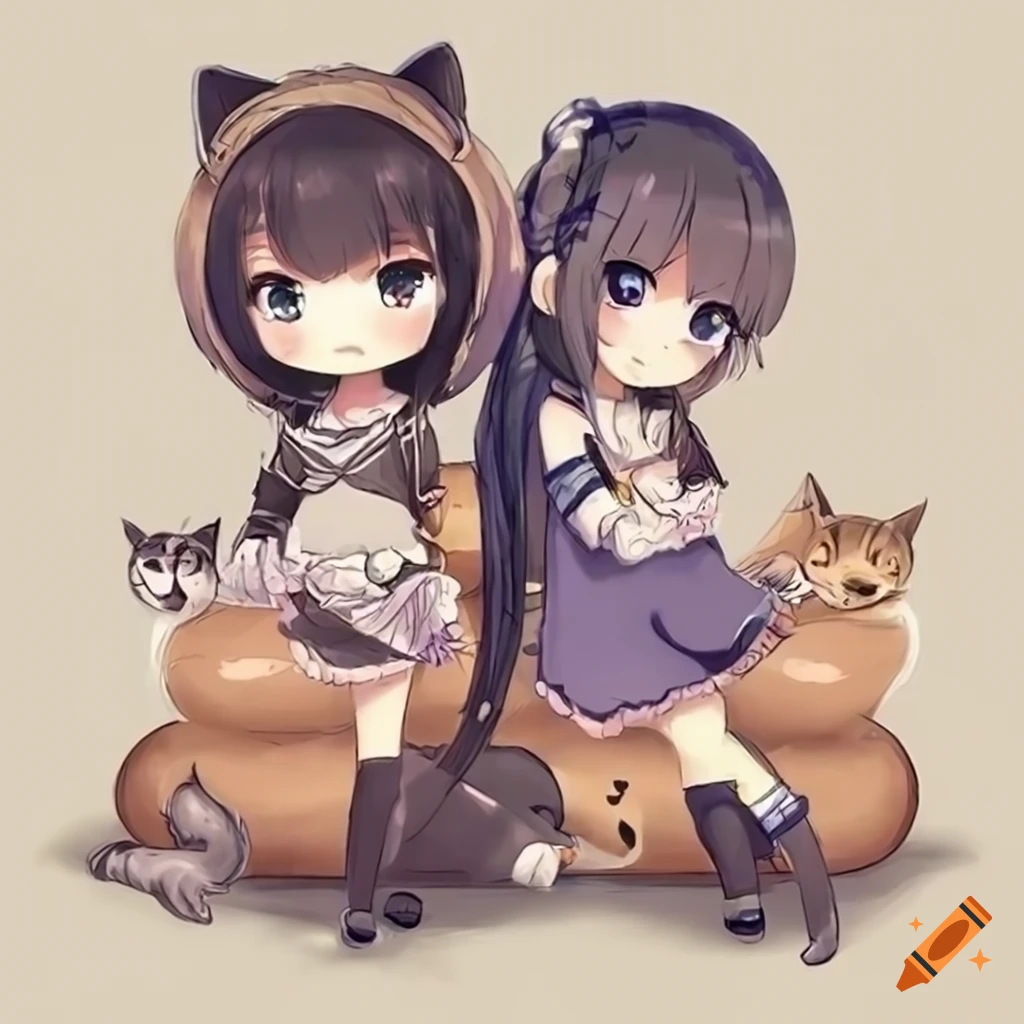Two anime chibi girls holding cats on Craiyon