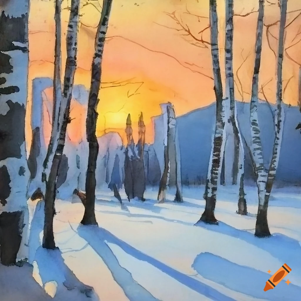 Watercolor painting of birch trees with long shadows in a snowy sunset ...