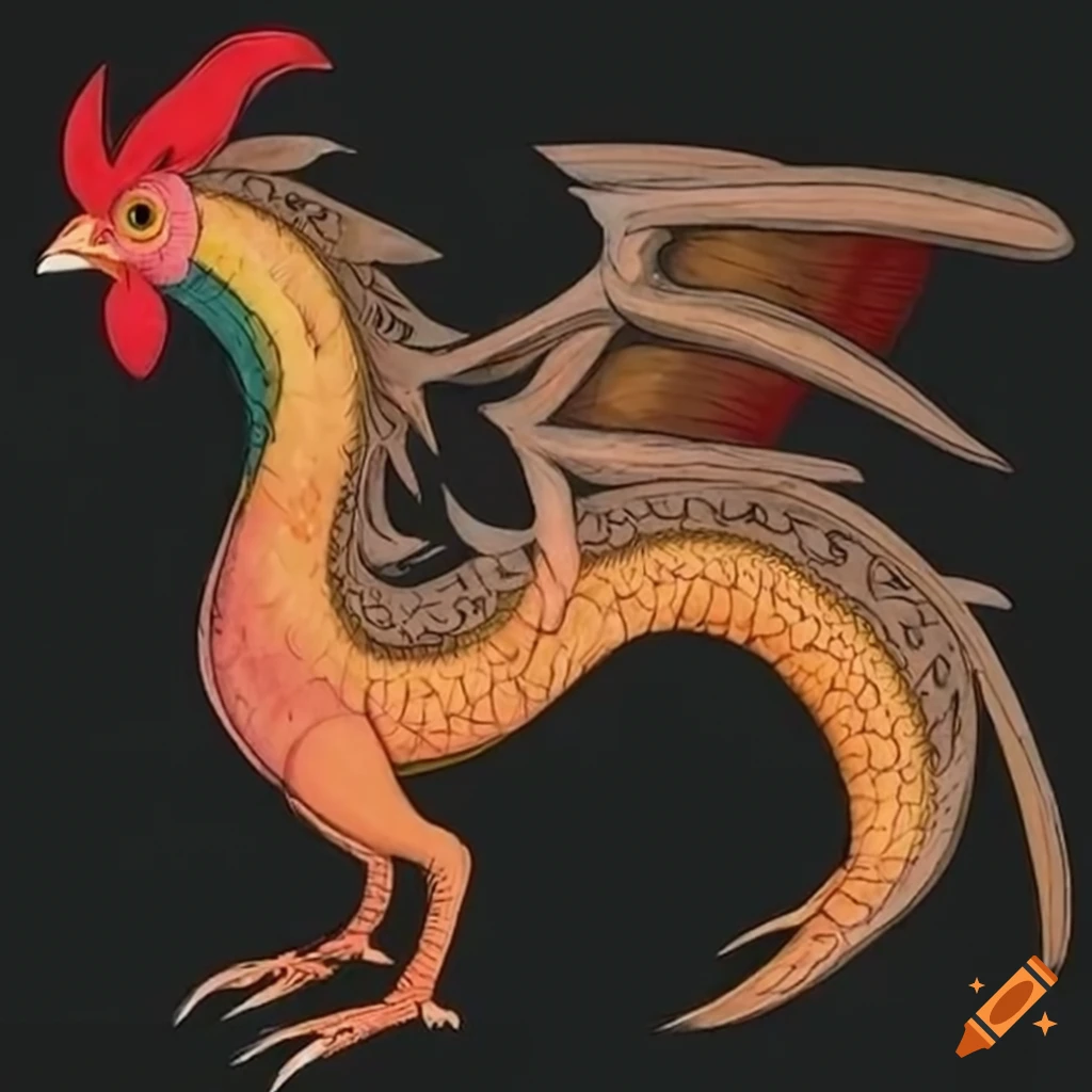 Mythical creature with a part chicken, part fish, and a dragon tail on ...