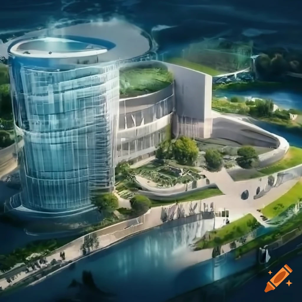 Complex hospital 3d exterior with courtyard and water feature, aerial ...