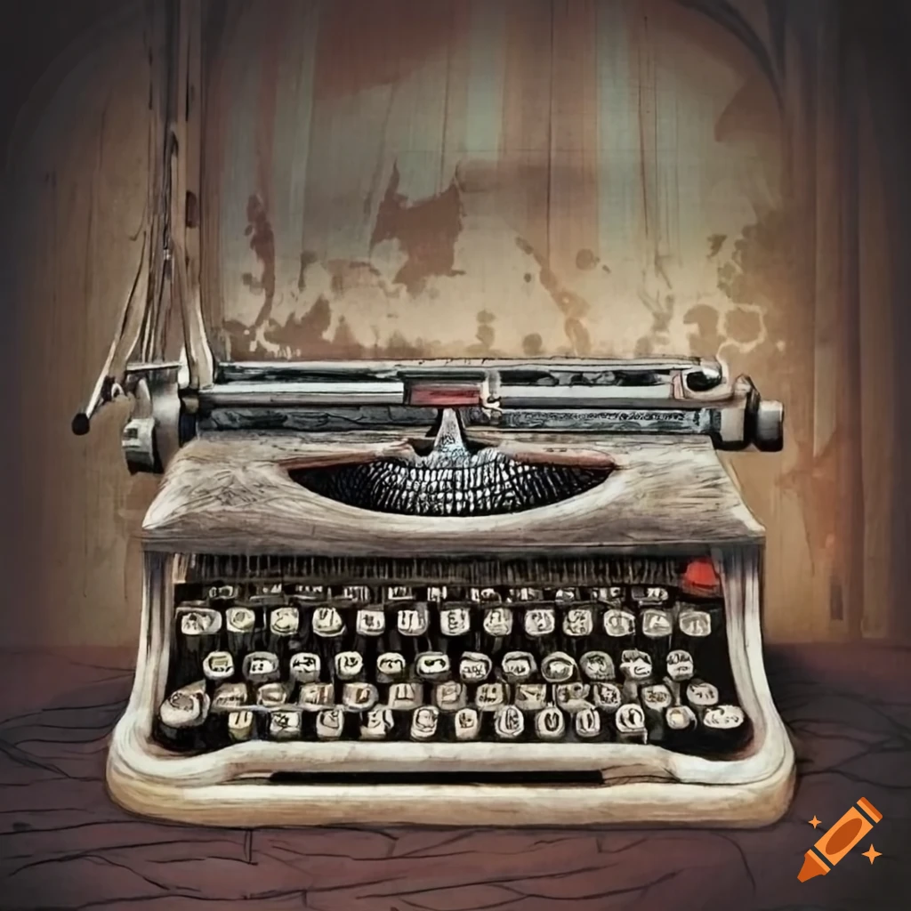 Detailed pencil illustration of a haunted typewriter in a decrepit room ...