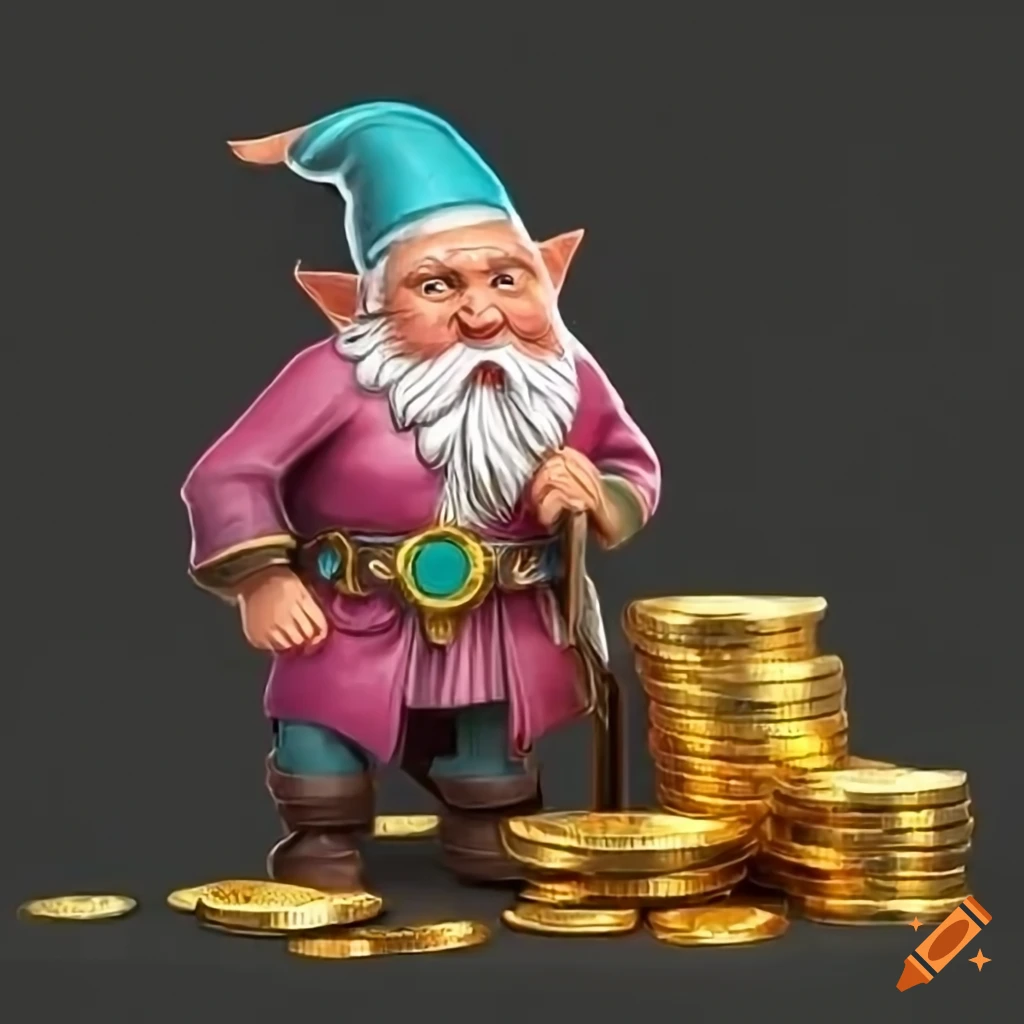 Gnome merchant surrounded by gold coins on Craiyon