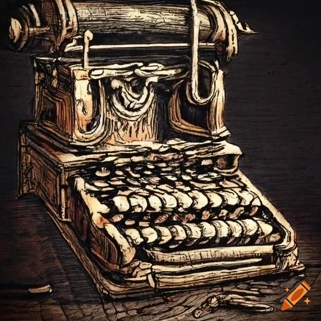 Detailed ink drawing of an antique decrepit typewriter on Craiyon