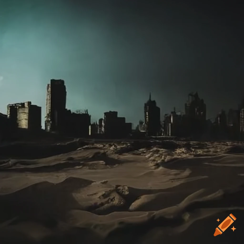 Post-apocalyptic city covered with sand on Craiyon