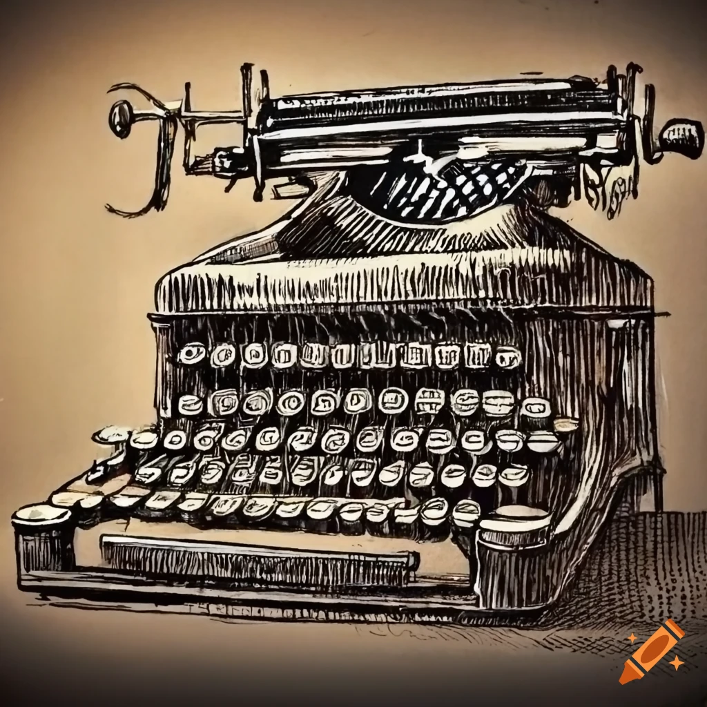 Detailed ink drawing of an old typewriter in a dimly lit room on Craiyon
