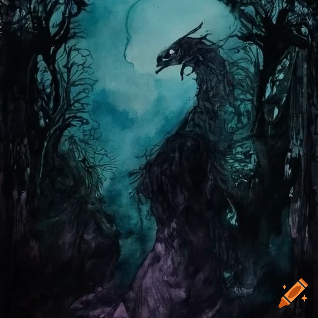 Ethereal beast portrayed in dark watercolor and ink painting on Craiyon