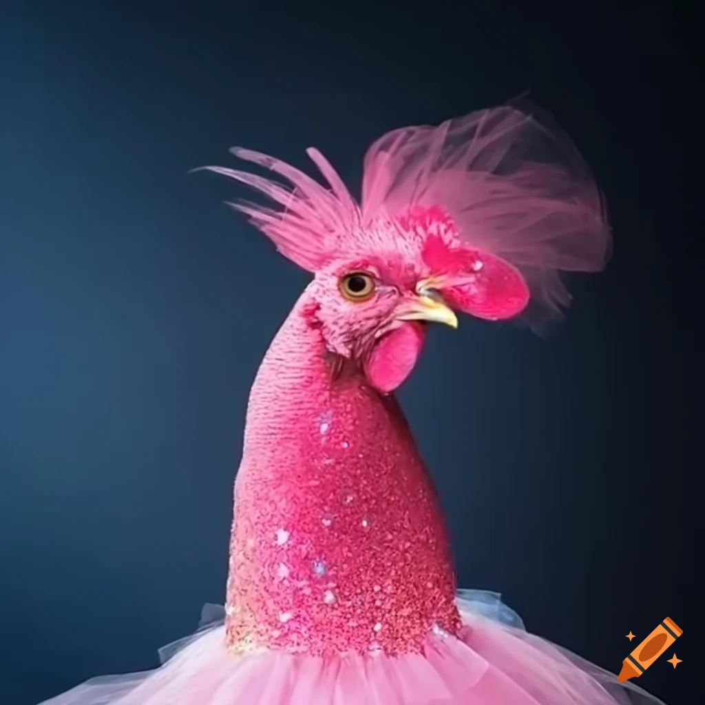 Smiling chicken in pink glitter tutu dancing in spotlight on Craiyon