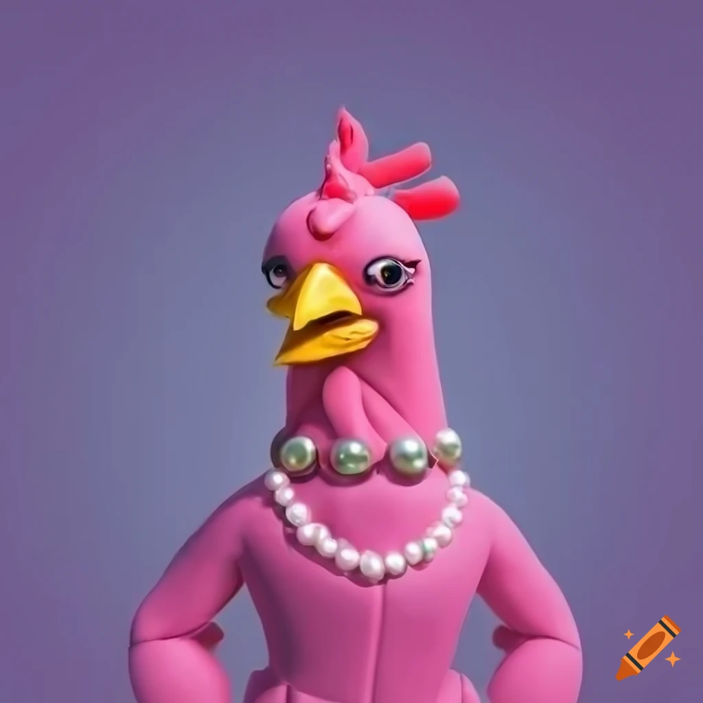 Happy chicken in pink Chanel style costume and pearl necklace with city ...