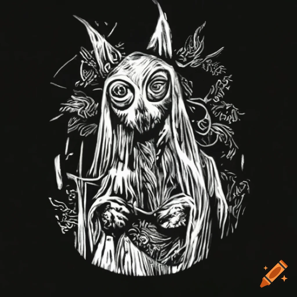 Linocut drawing of unrealistic creatures in a witchy setting on Craiyon