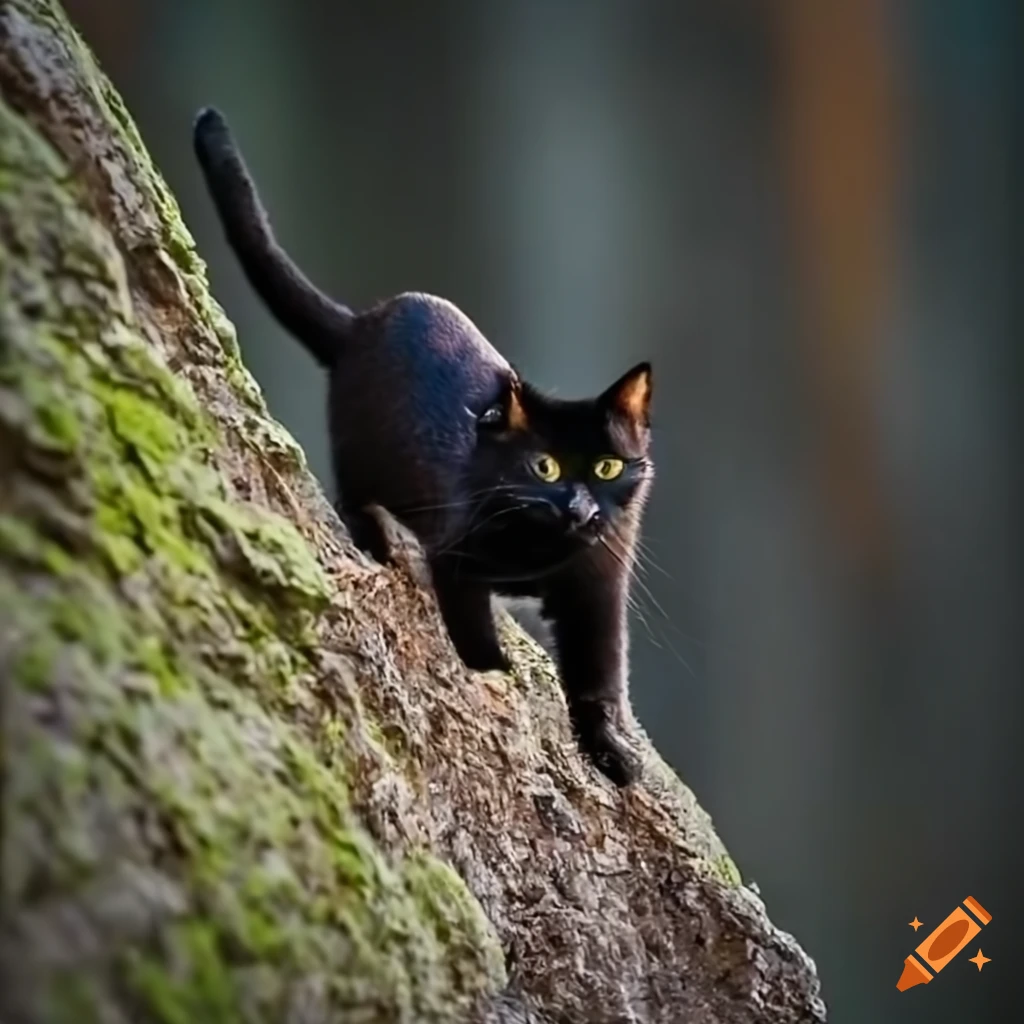Black cat climbing a taiga cliff on Craiyon
