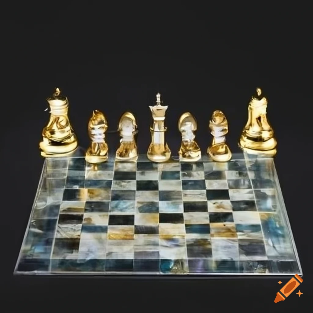 Clear labradorite chess board with gold pieces on Craiyon