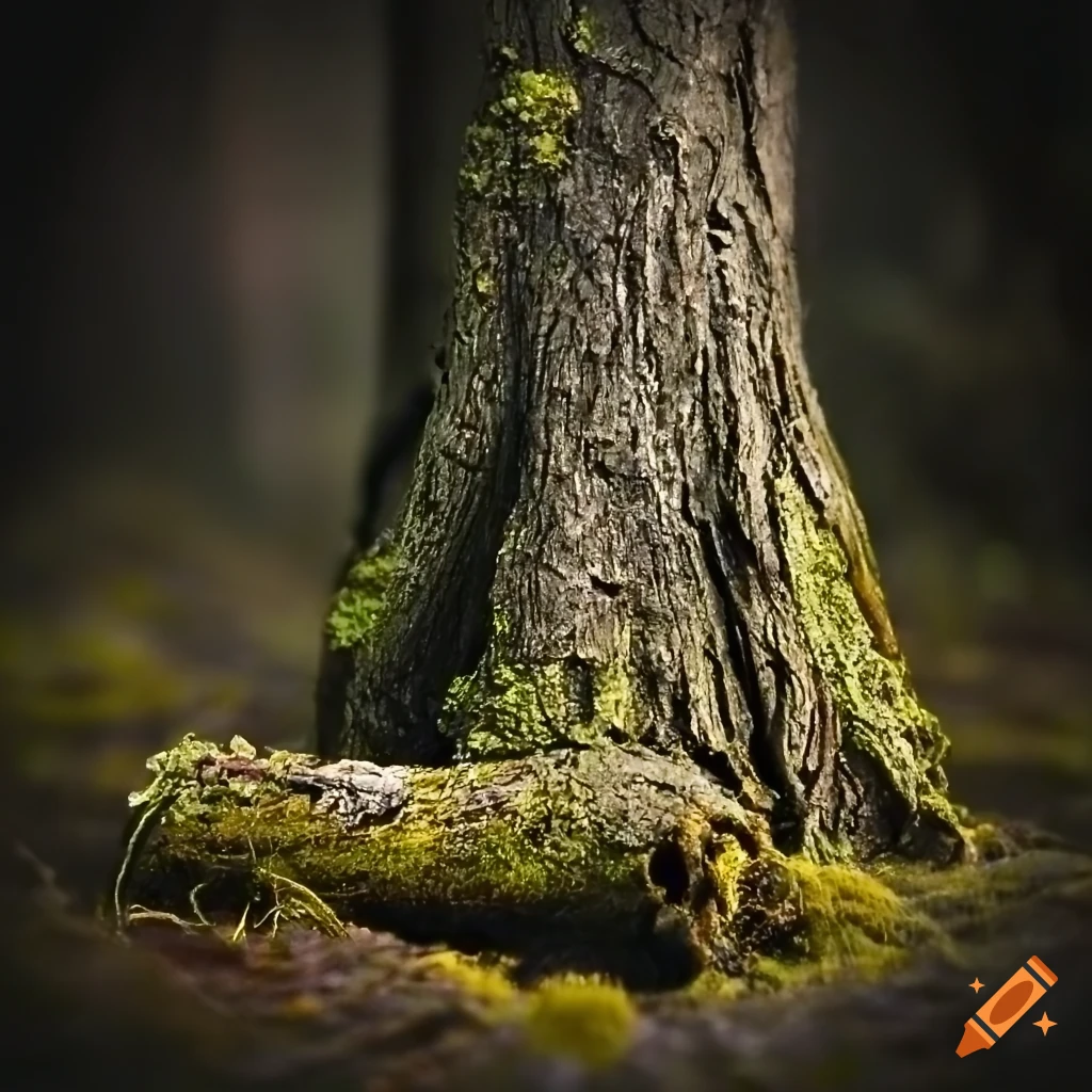 Rotting log next to a dark rough bark tree with lichen and moss in ...