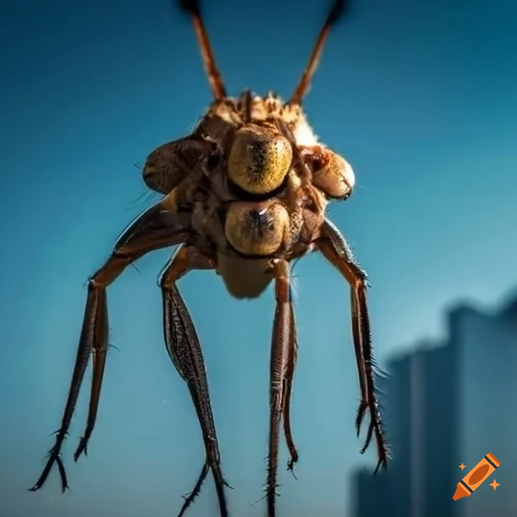 Colossal insect on a surreal skyline in macro shot on Craiyon