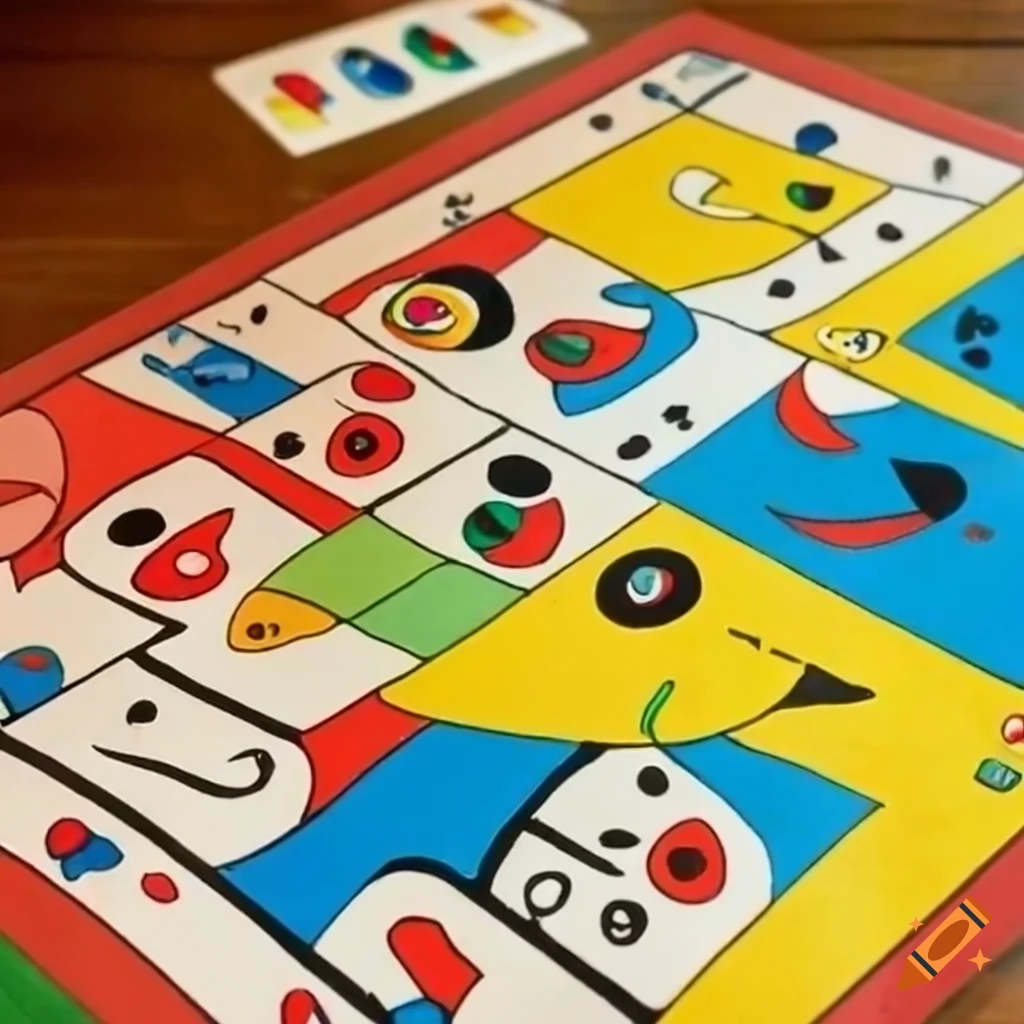 Unpackaging of Joan Miró board game with rules, cards, and dice on Craiyon