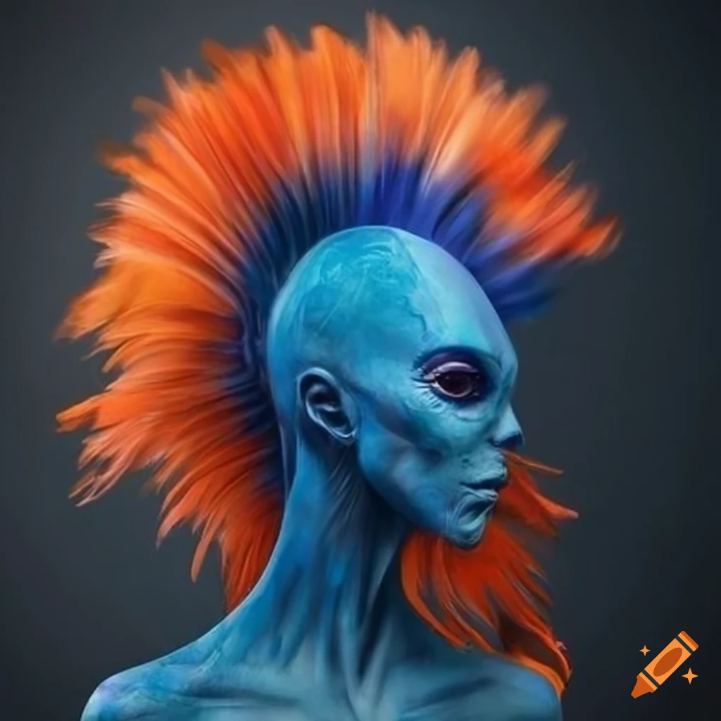 Oversized blue alien with striking orange mohawk in a fantasy artwork ...