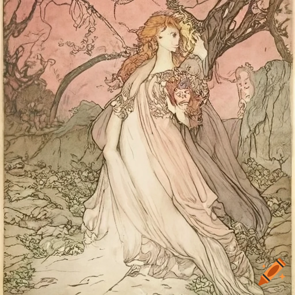 Illustration of a hobbit female in dusty rose on Craiyon