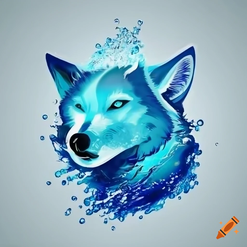 Mystical wolf head splashing in water logo on Craiyon