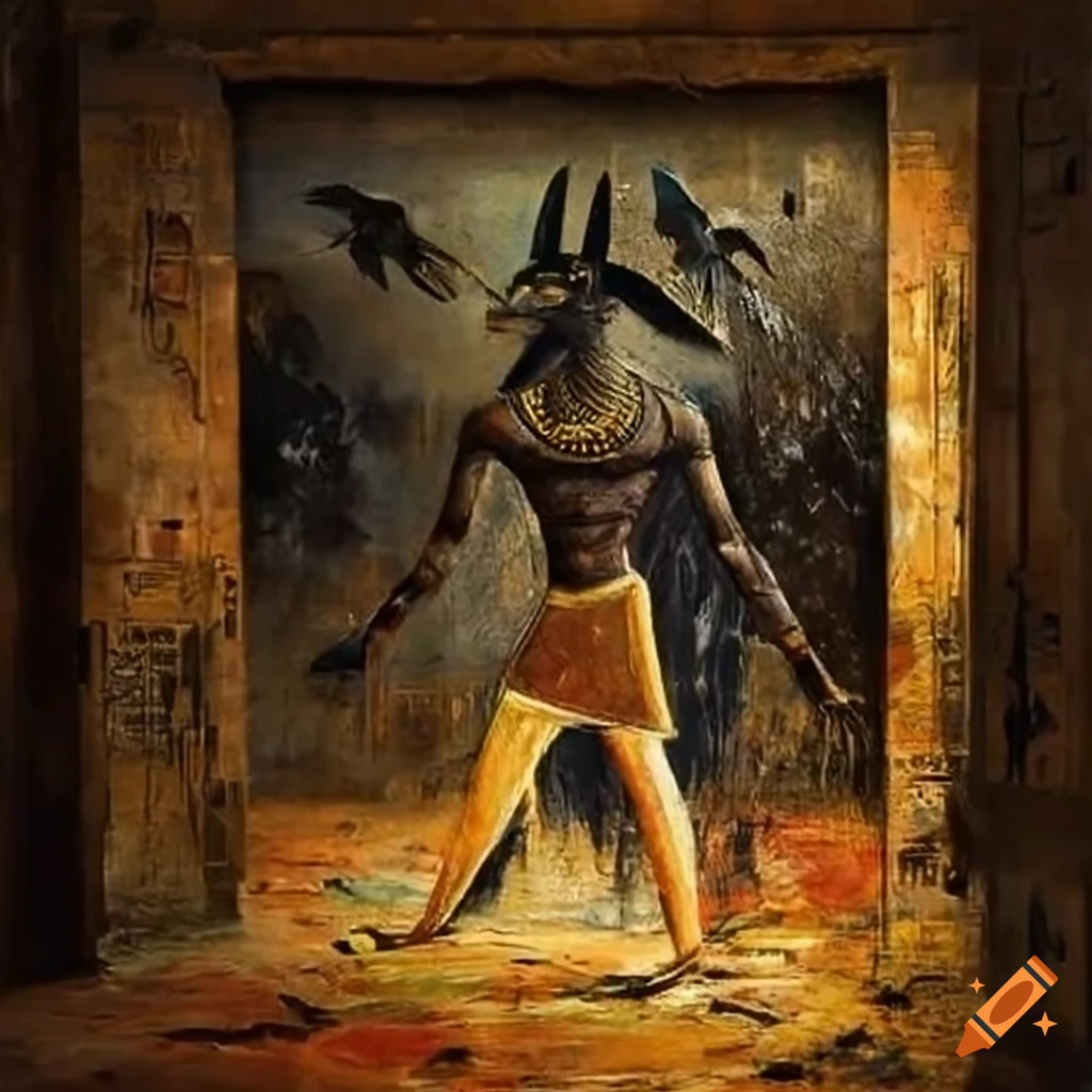 Anselm Kiefer style painting of stone temple, flying ravens, and ...