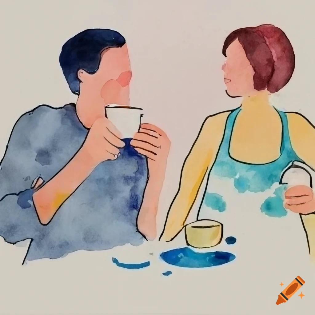 Minimalist watercolor illustration of a couple enjoying tea and ...