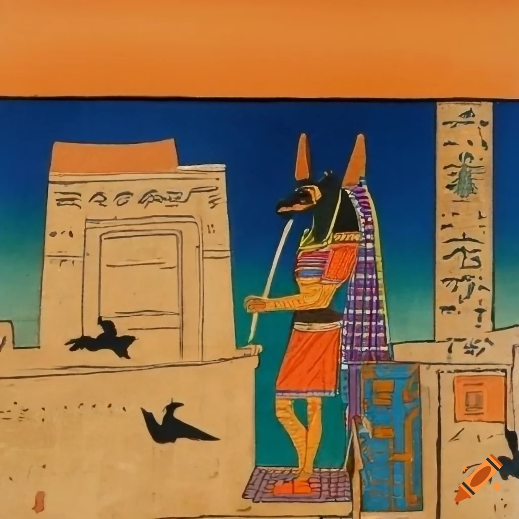 God Anubis guarding an Egyptian tomb entrance against magic ravens in a ...