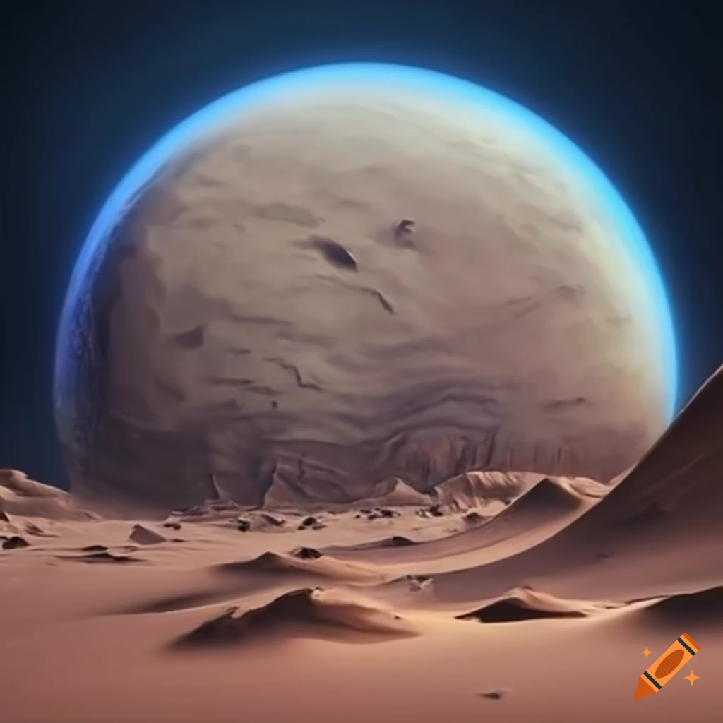 Oasis in alien desert terrain on outer space planet on Craiyon