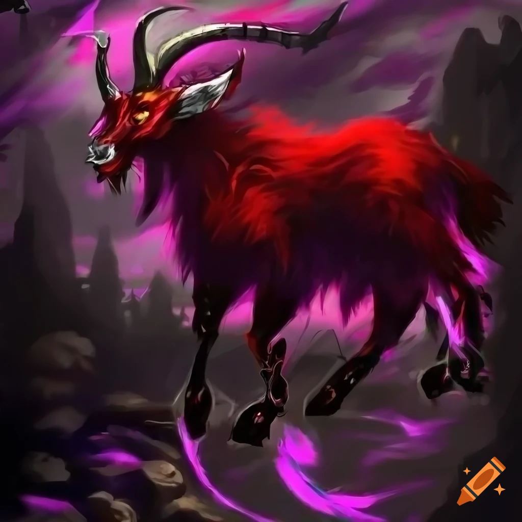 Fantastical regal dark purple and ruby-red goat with corkscrew horns in ...
