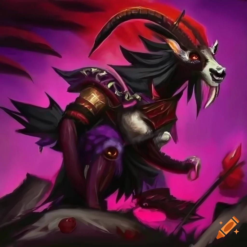 Fantastical regal furry dark purple and ruby-red goat with corkscrew ...