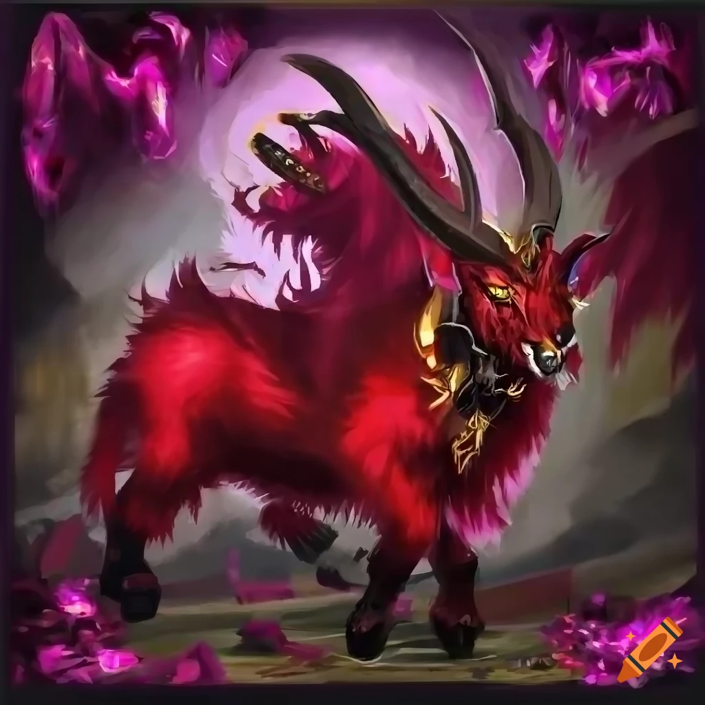 Fantastical regal dark purple and ruby-red goat with corkscrew horns in ...