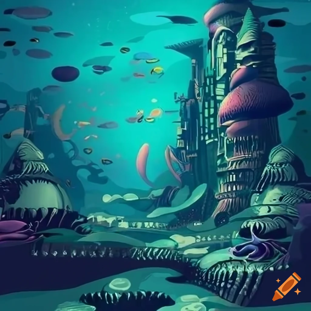 Underwater city with alien life and female explorers in a fantasy ...