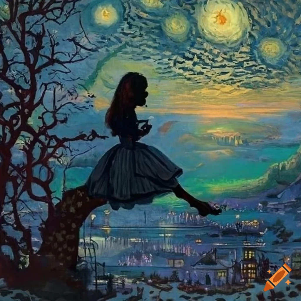 Sihouette of alice in wonderland in a artistic blend of thomas kinkade and van gogh styles on ...